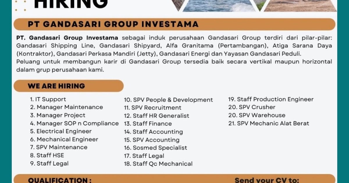 Lowongan Kerja PT. Gandasari Group Investama untuk 22 Posisi, Sept 2024 ... Lowongan Kerja PT. Gandasari Group Investama untuk 22 Posisi, Sept 2024 ...